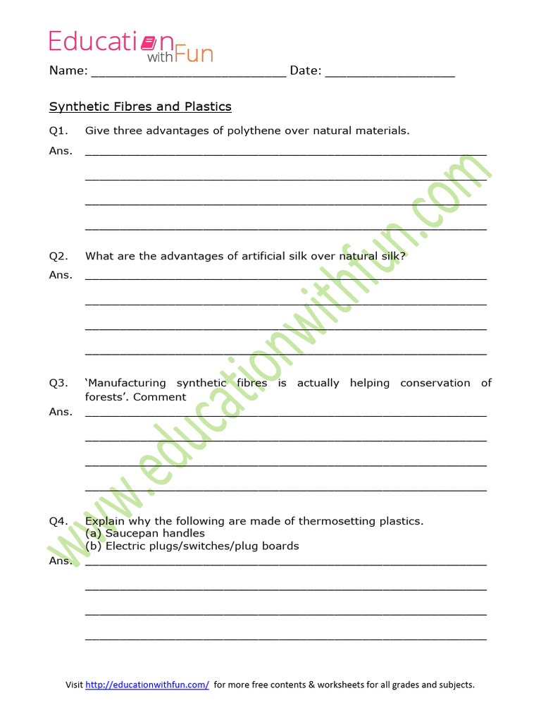 Synthetic Fibres and Plastics Worksheet 8 | PDF