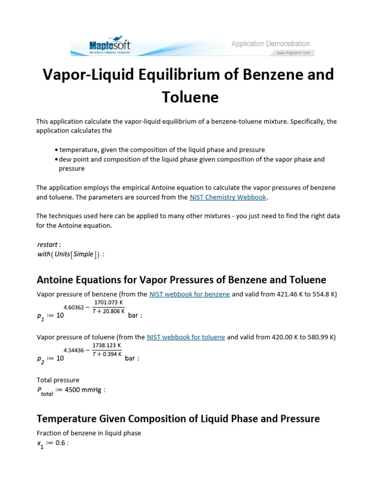 Vapor-Liquid Equilibrium of Benzene and Toluene | PDF