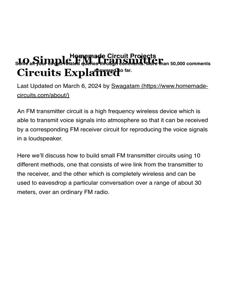 10 Simple FM Transmitter Circuits Explained - Homemade Circuit Projects ...