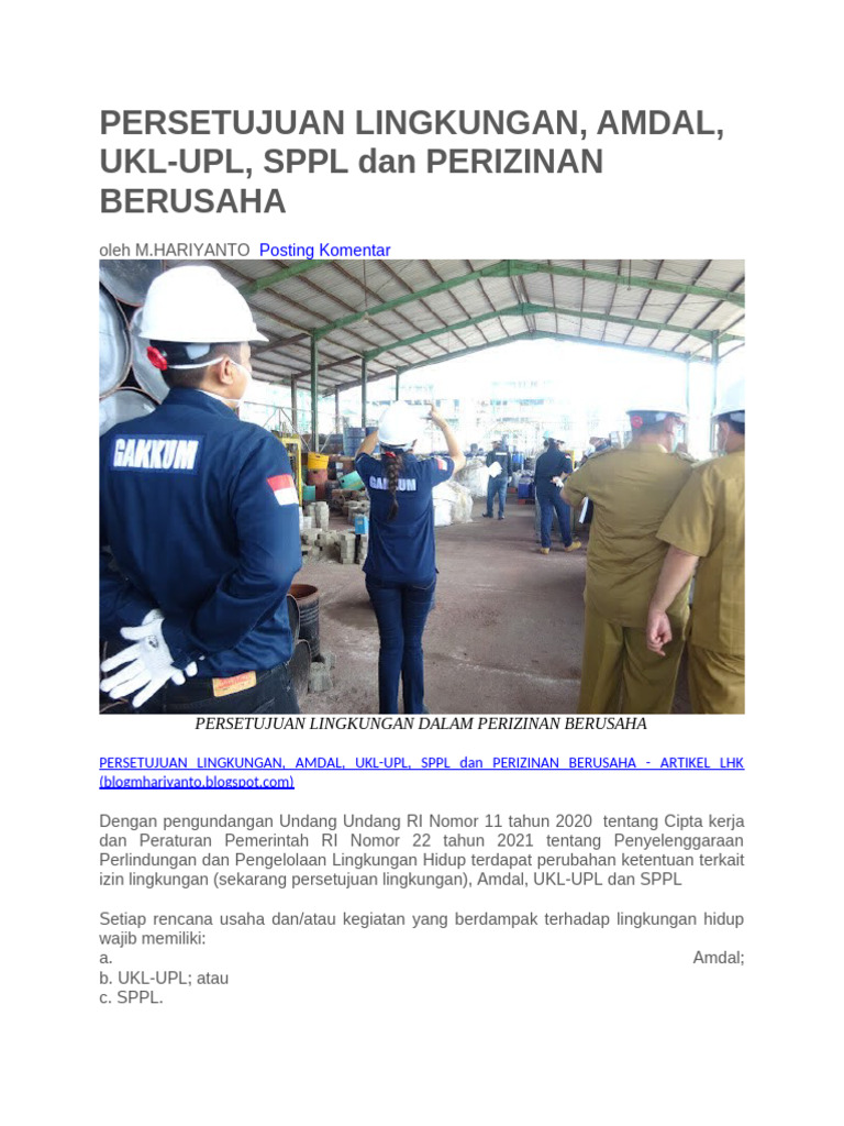 PERSETUJUAN LINGKUNGAN, AMDAL, UKL-UPL, SPPL Dan PERIZINAN BERUSAHA | PDF
