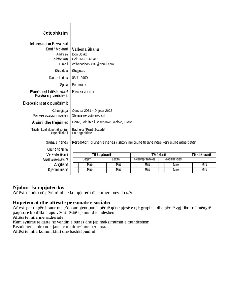CV Valbona Shahu | PDF