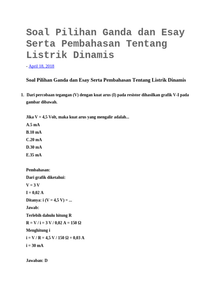 Soal Pilihan Ganda Dan Esay Serta Pembahasan Tentang Hukum Ohm | PDF