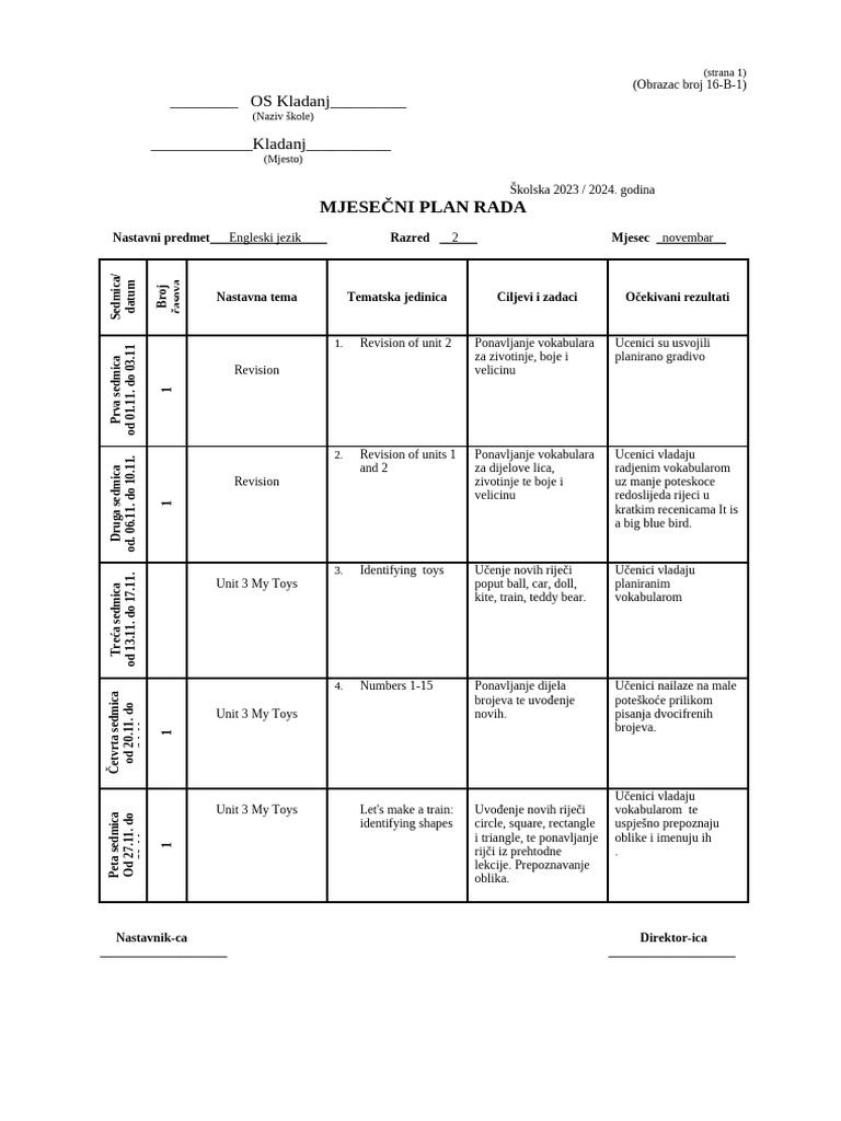 Mjesecni (Novembar) II Raz 23-24 | PDF