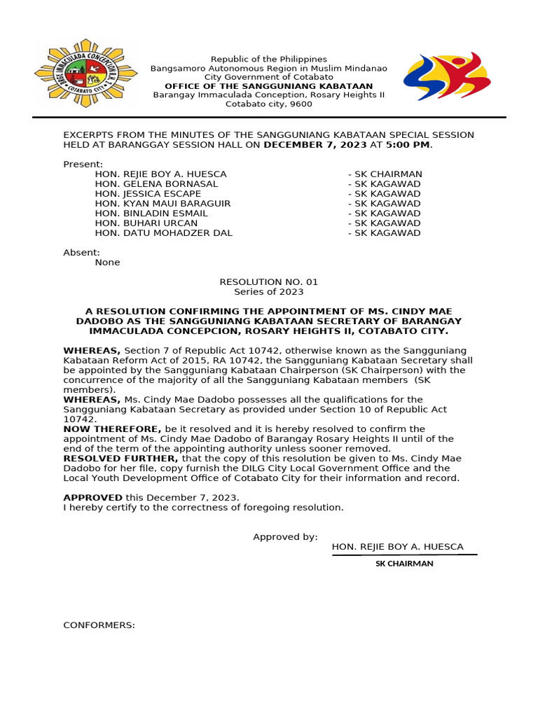 Resolution No.1, Appointment of SK Secretary of Barangay Rosary Heights ...