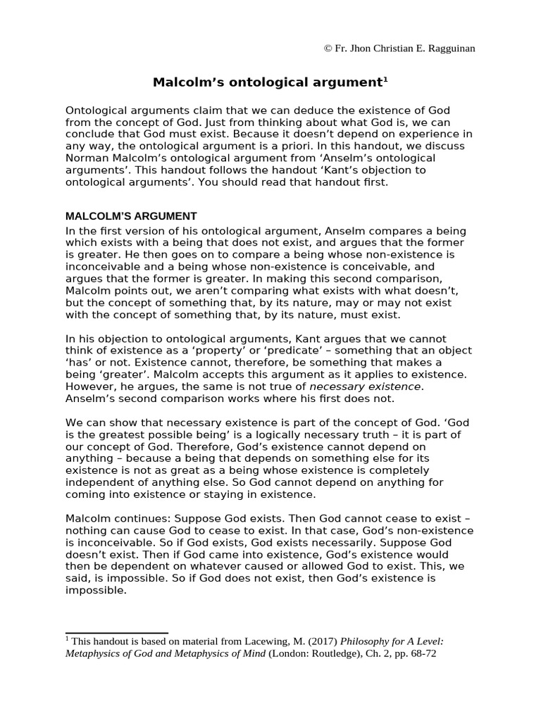 Malcolms Ontological Argument | PDF