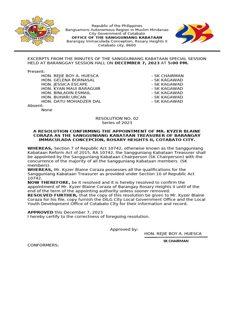 Resolution No.2, Appointment of SK Treasurer of Barangay Rosary Heights ...