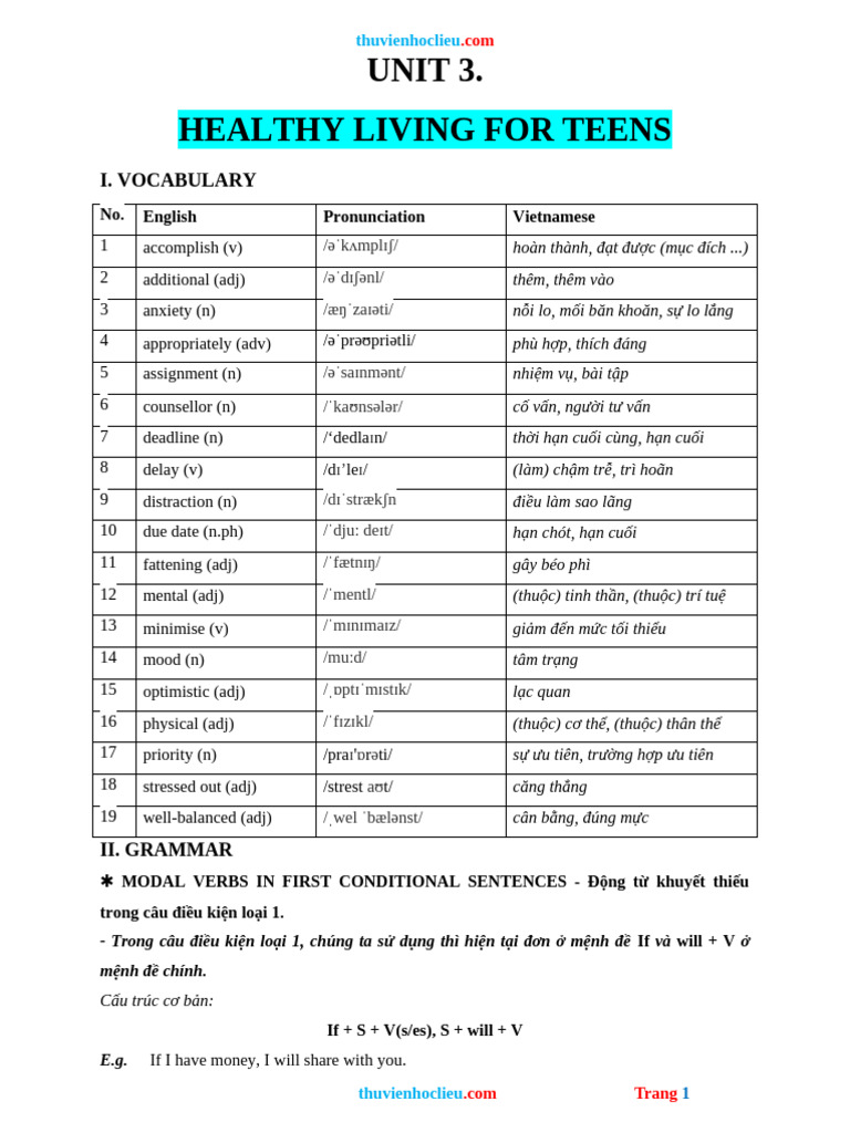 Tu Vung Va Ngu Phap Tieng Anh 9 Global Unit 3 HEALTHY LIVING FOR TEENS ...