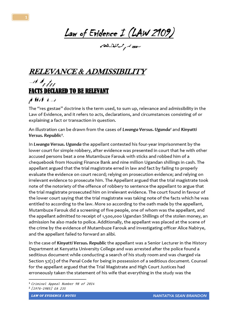 Law of Evidence 1 Notes | PDF