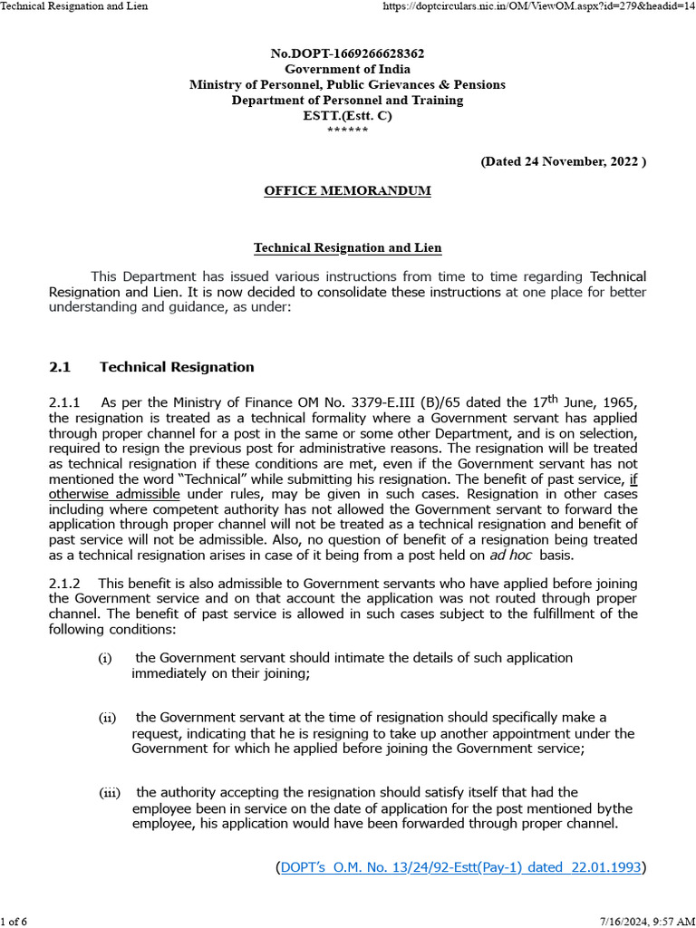 Technical Resignation and Lien Om Dtd.24 Nov 2022 | PDF | Pension ...