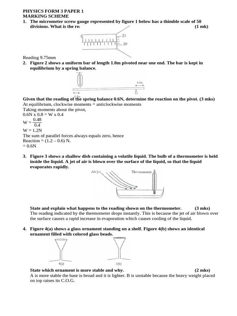 Physics Form 3 Paper 1 M Scheme | PDF | Force | Density