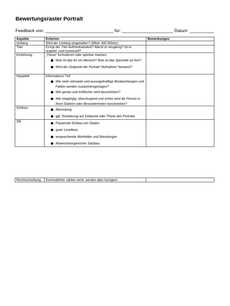 Bewertungsraster Portrait Feedbackbogen | PDF