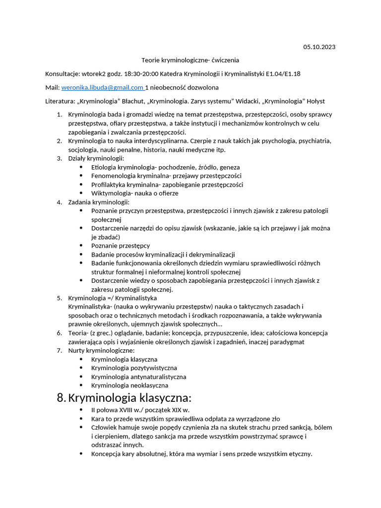 Teorie Kryminologiczne Ćwiczenia | PDF