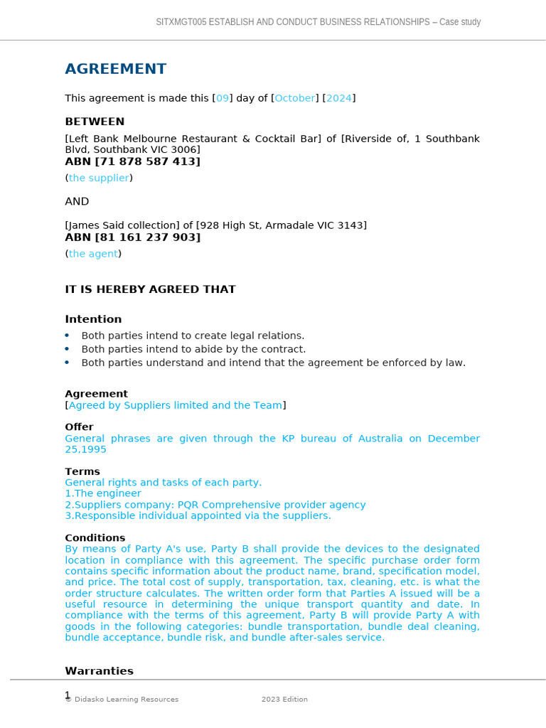 SITXMGT005 - Assessment - E - Contract 1 | PDF