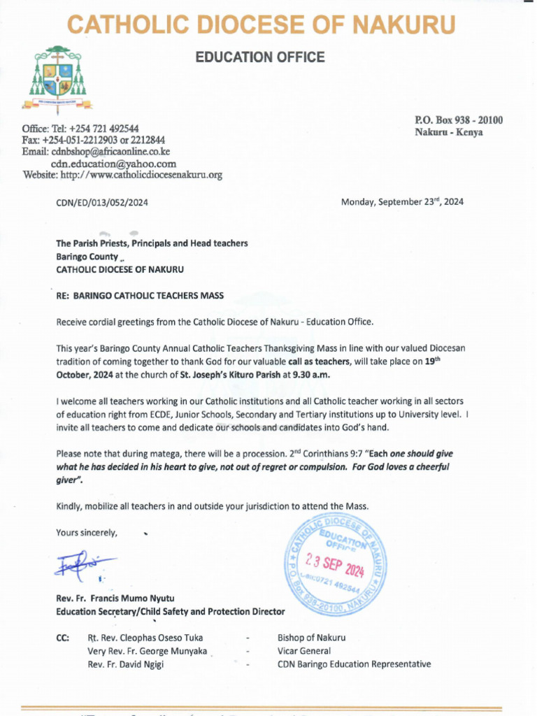 2024 September 23 Scanned Letter Baringo Catholic Teachers Mass | PDF