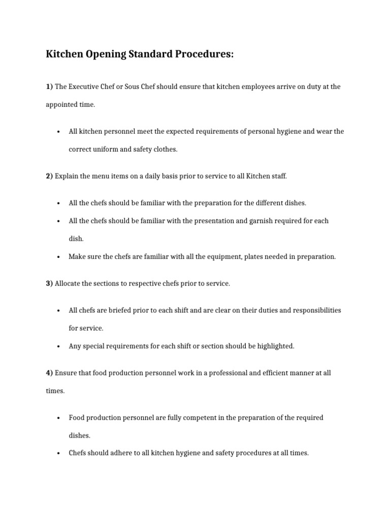 Kitchen Opening Standard Procedures | PDF | Chef | Tableware