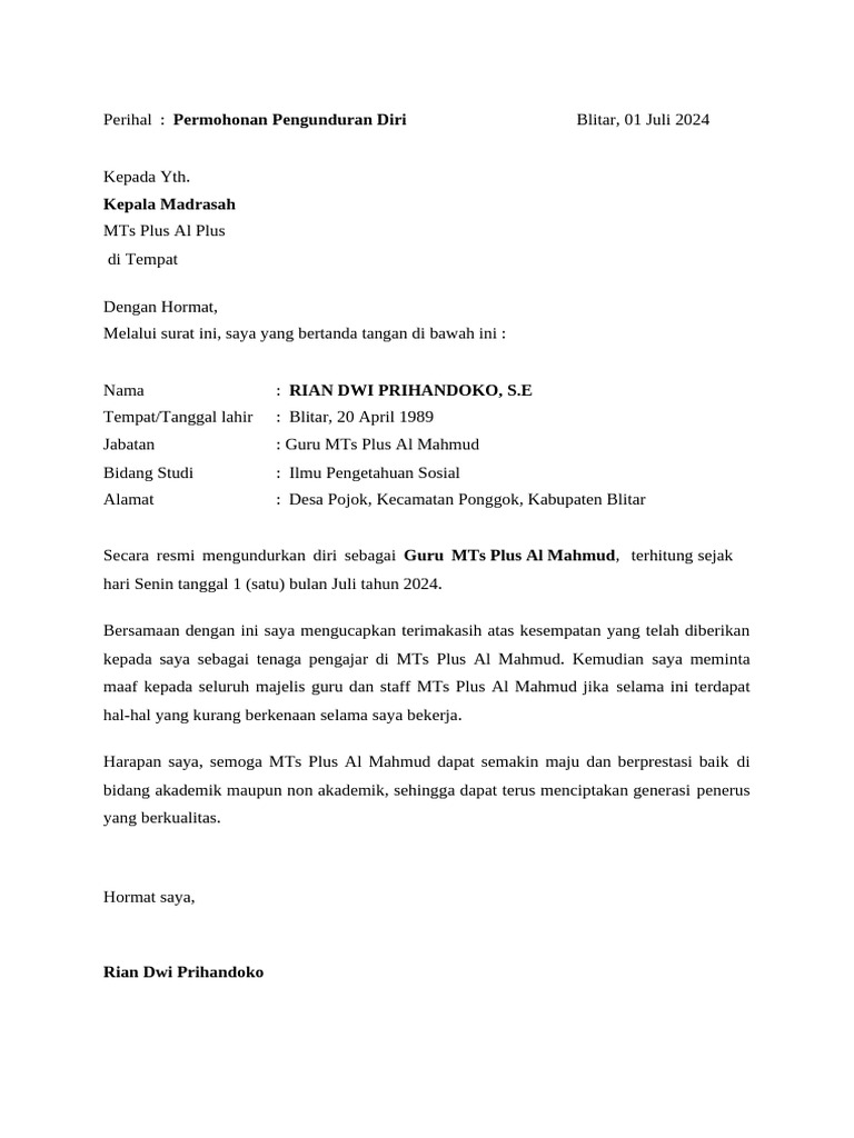 Surat Pengunduran Diri Pak Rian | PDF