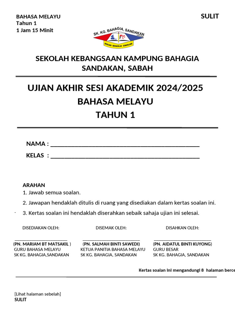 Muka Depan Kertas Soalan Uasa 2024 | PDF