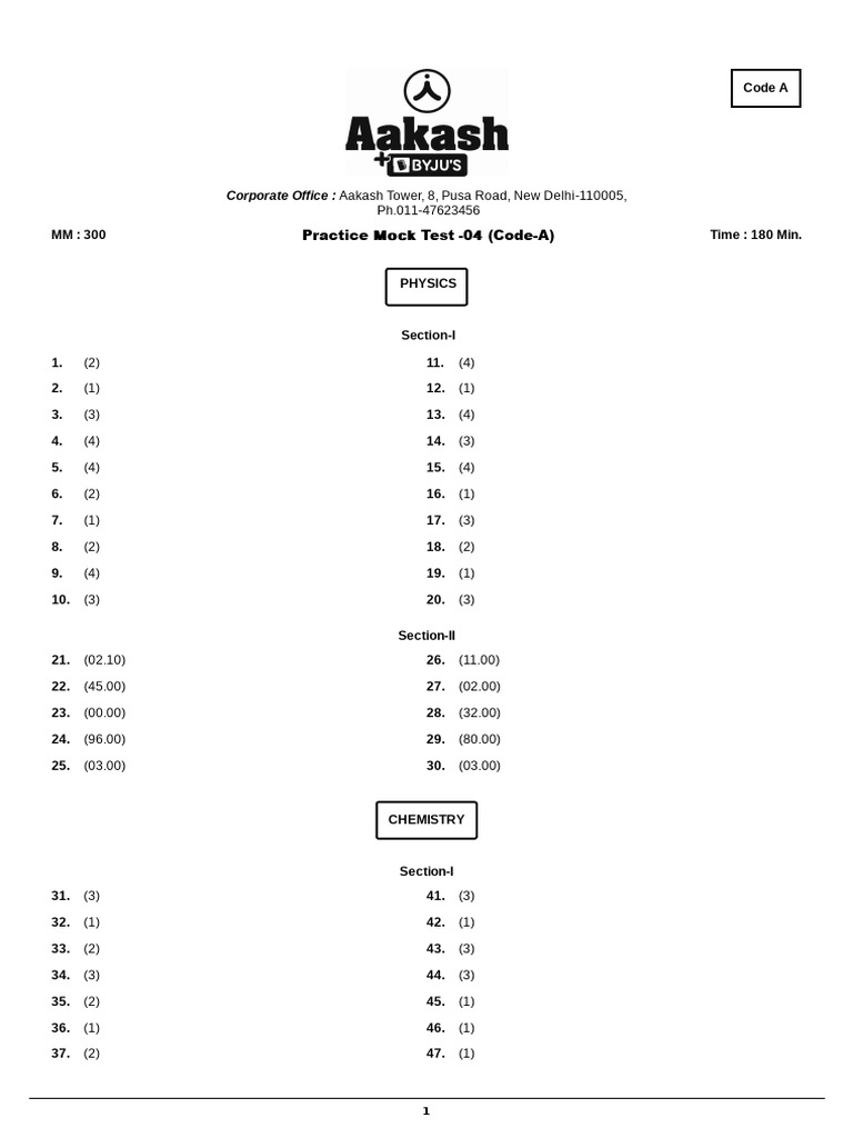 Practice Mock Test-2024 - T04 (Code-A) - Solution | PDF