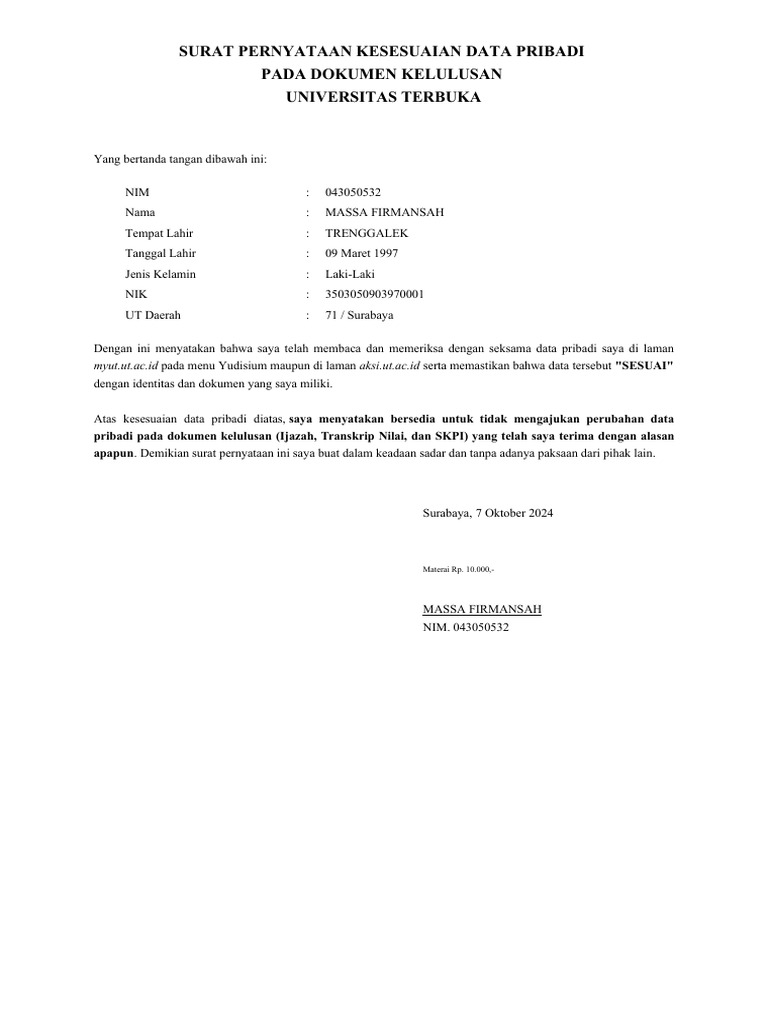 Surat Pernyataan Kesesuaian Data Pribadi Pada Dokumen Kelulusan Universitas Terbuka | PDF