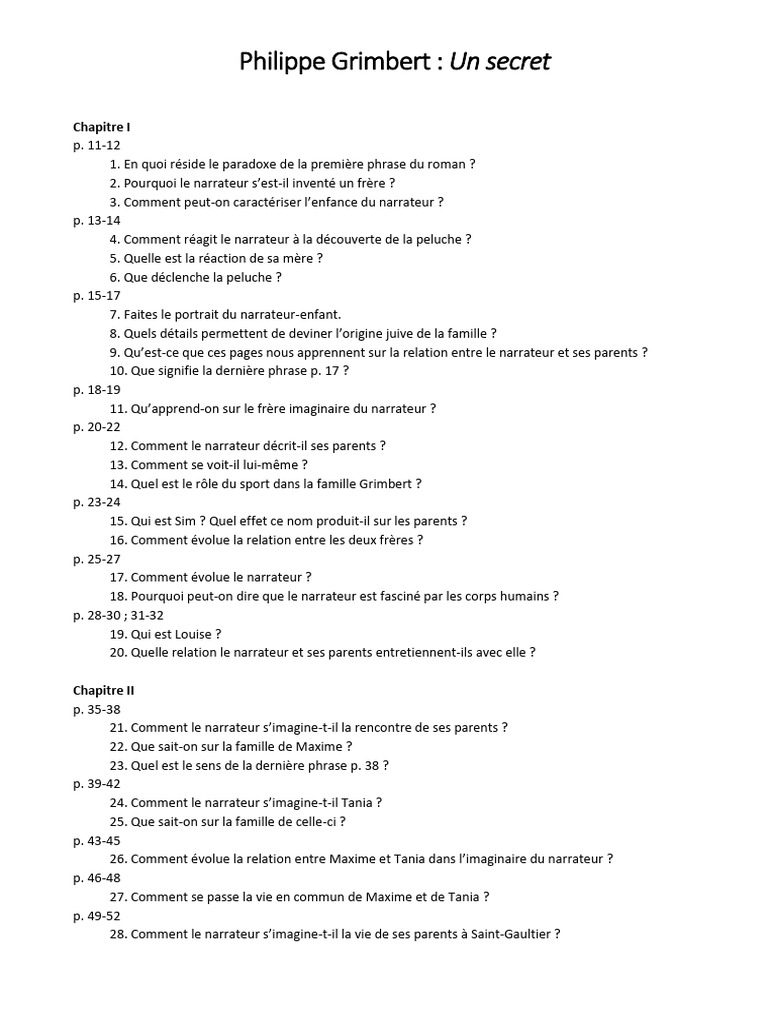 Un Secret - Questions de Révision | PDF