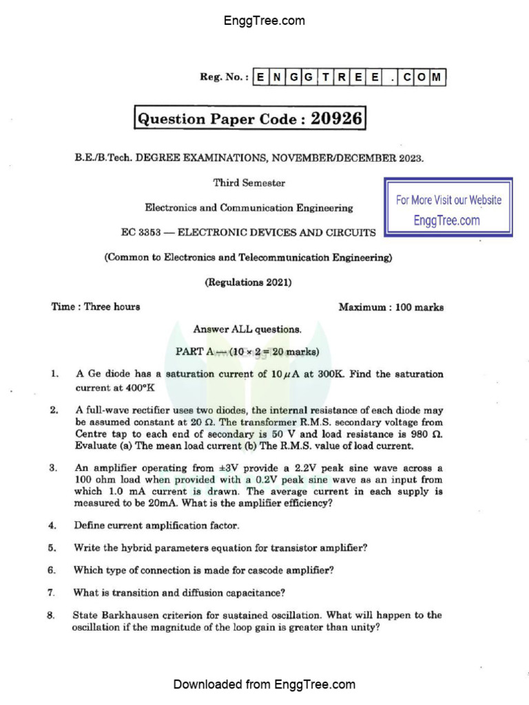 EC3353 Electronic Devices and Circuits Nov Dec 2023 Question Paper Download | PDF