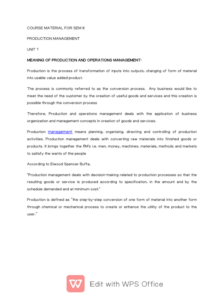 COURSE MATERIAL Production Management Sem 3 | PDF