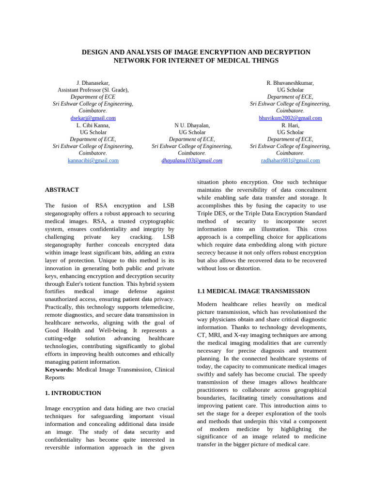 Design and Analysis of Image Encryption and Decryption Network For Internet of Medical Things | PDF