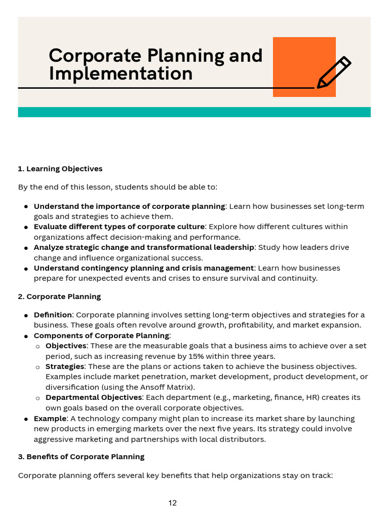 Corporate Planning and Implementation - Detailed Student Keynotes | PDF