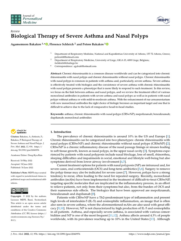 Biological Therapy of Severe Asthma and Nasal Polyps | PDF