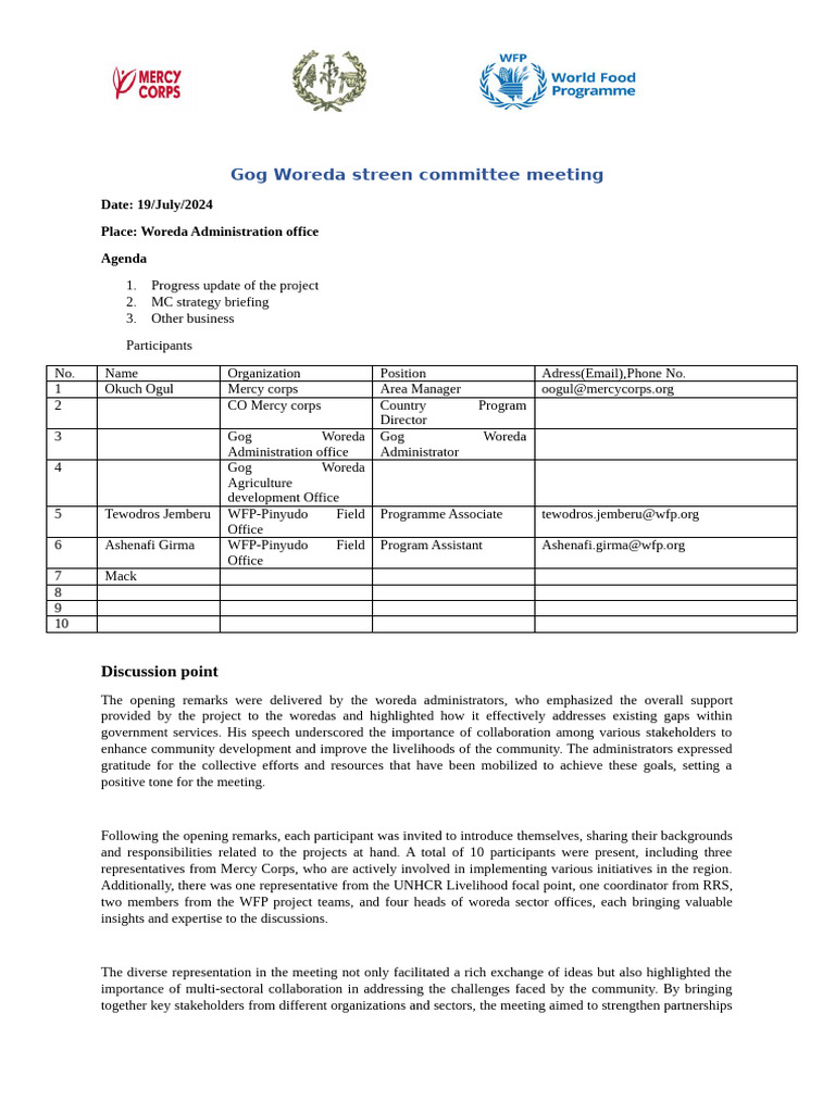 Gog Woreda Streen Committee Meeting Minute | PDF