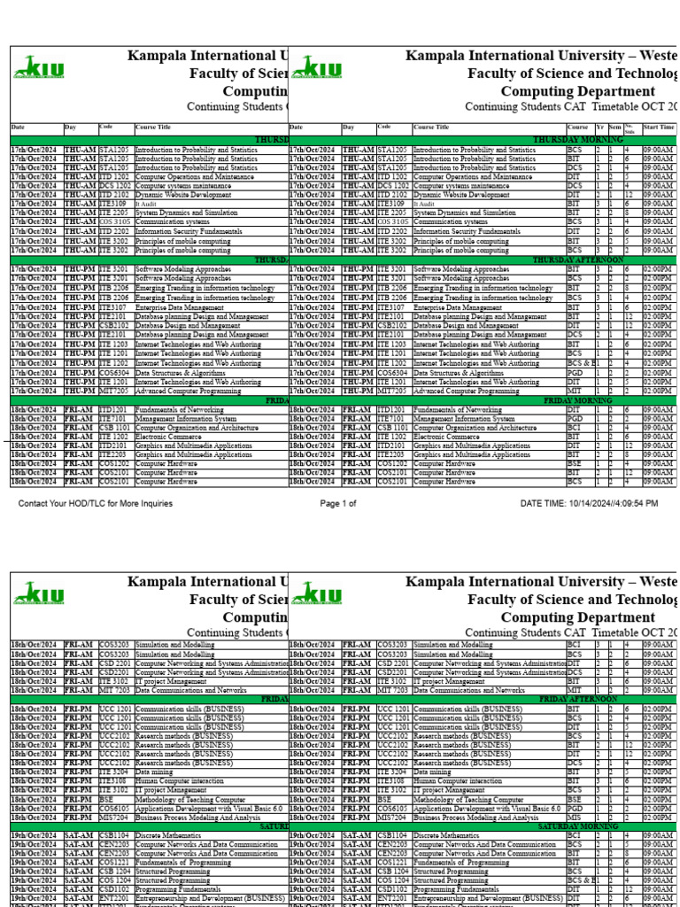 FINAL Continuing Students' CAT TimeTable Computing Oct 2024 - CATS TIME ...