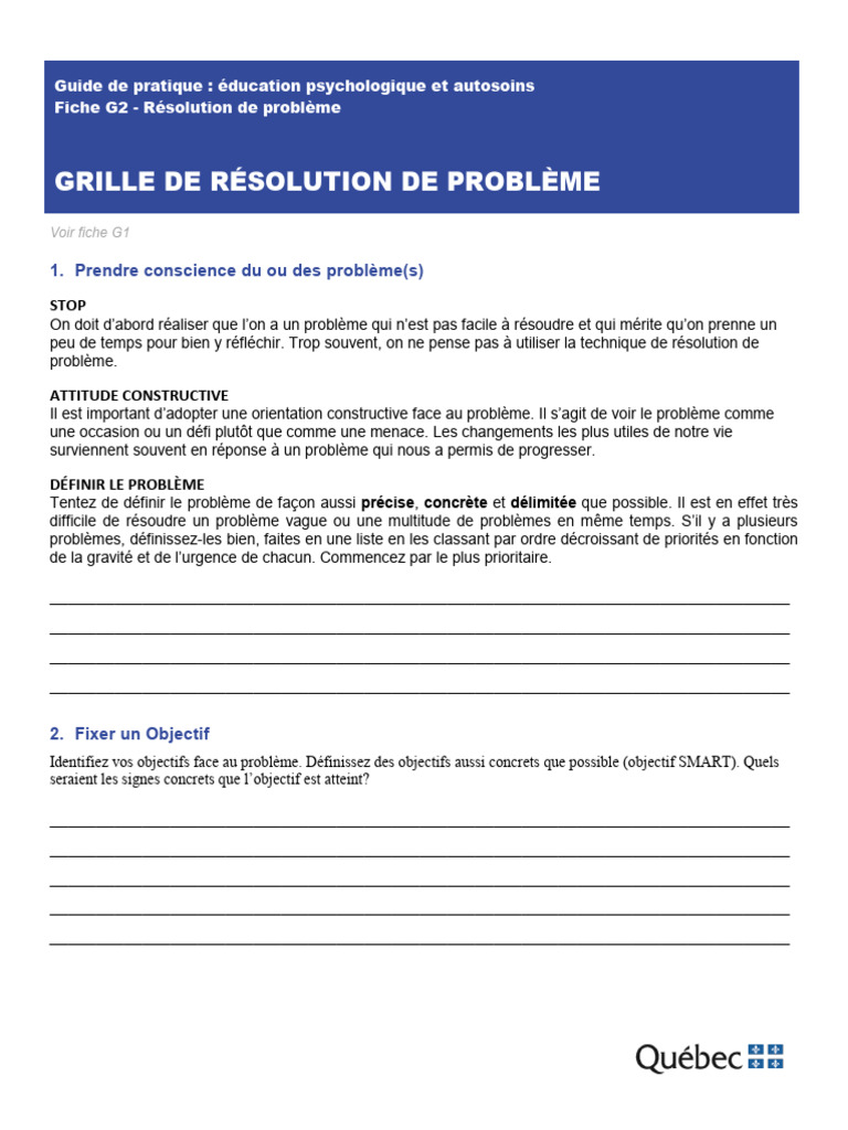 Grille de Résolution de Problème: 1. Prendre Conscience Du Ou Des ...