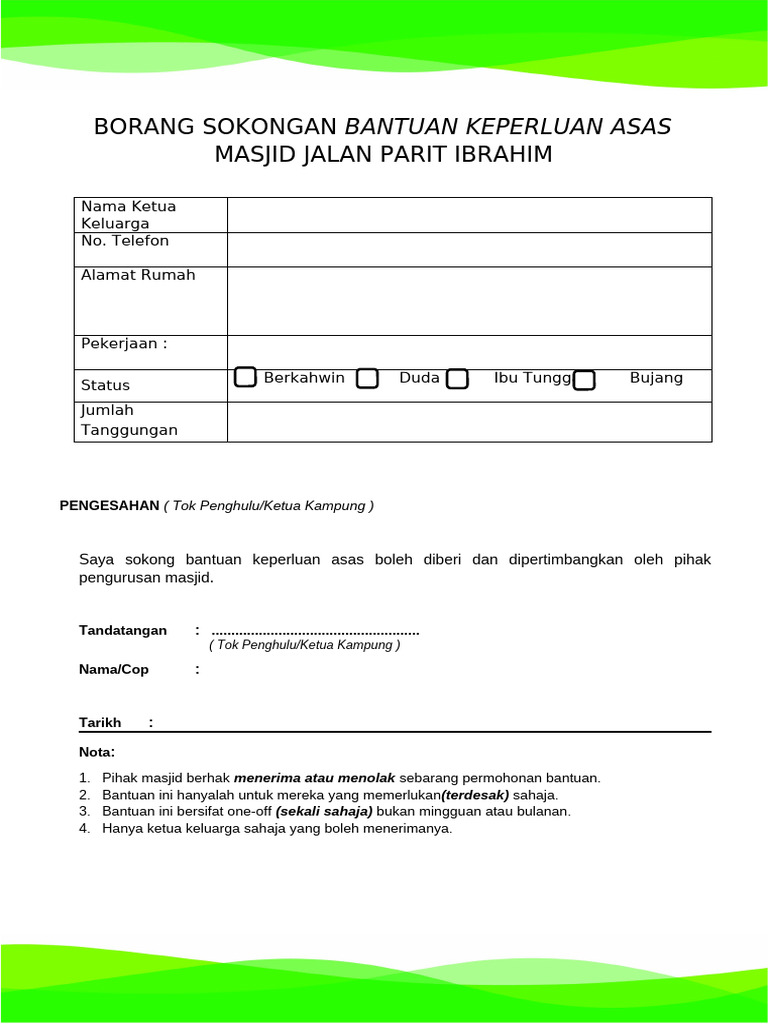 Borang Pemohonan Bantuan Keperluan Asas | PDF