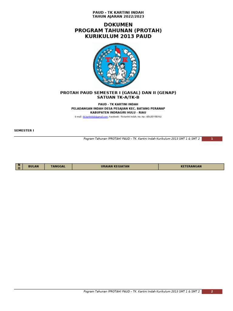Protah TK 4-6 Tahun K13 SMT 1,2 | PDF