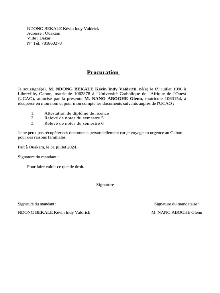 Procuration Indy Ndong | PDF