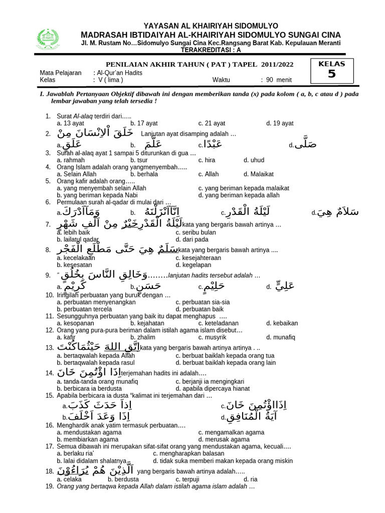 Soal QH Kls 5 SMT II 22 | PDF