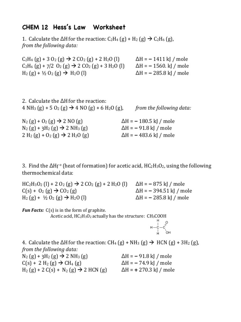 Hess's Law Worksheet | PDF