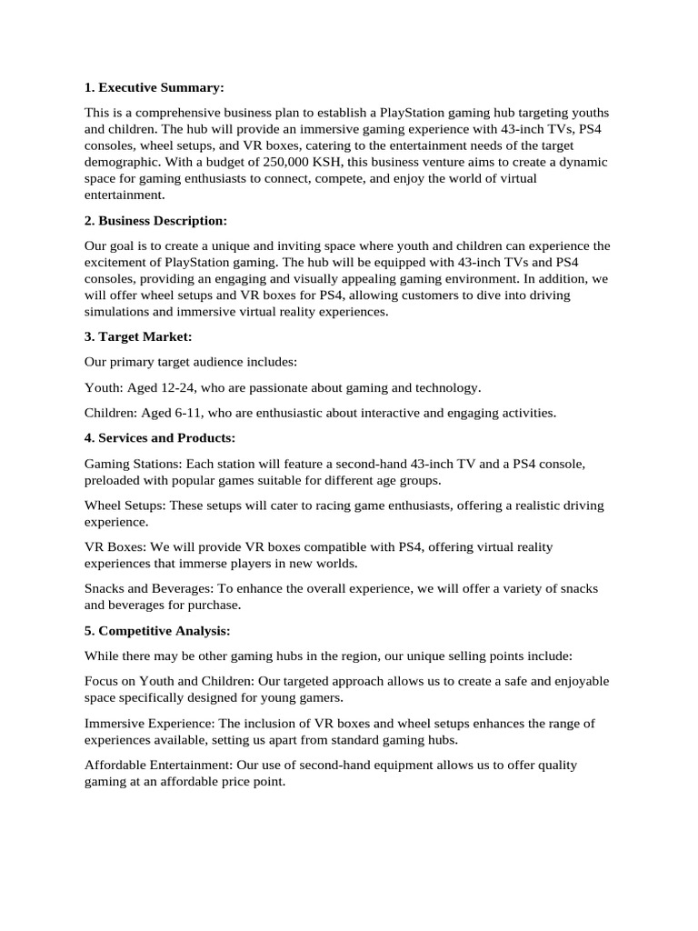PlayStation Gaming Hub Business Plan | PDF | Virtual Reality