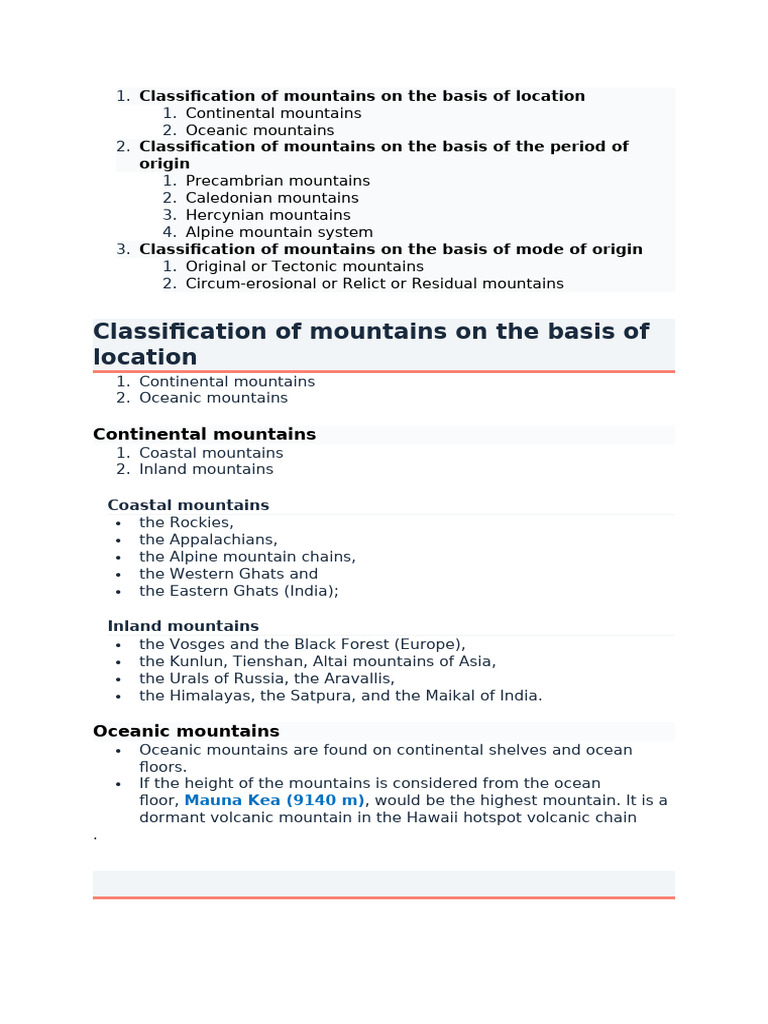 Classification of Mountains On The Basis of Location | PDF