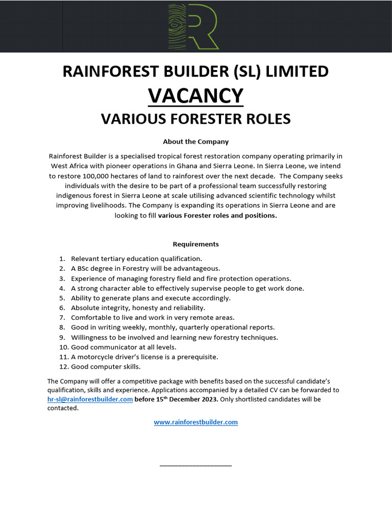 RBSL Vacancy Various Forester Positions. | PDF