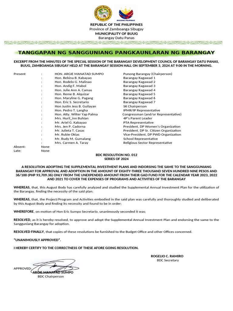 BDC Resolution No. 12 s2024 (SB ADOPTION) | PDF