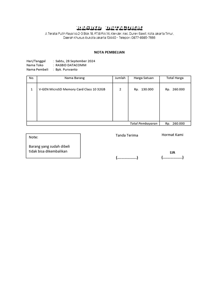 Nota-Pembelian Ibu Arnold | PDF