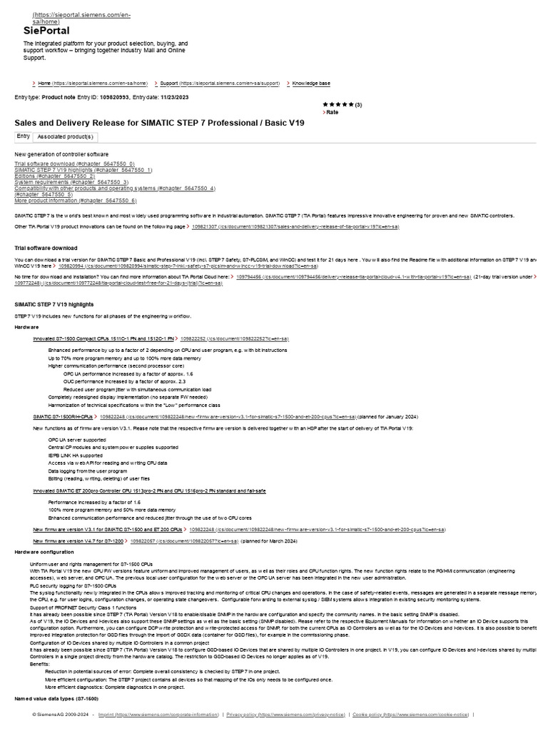 Sales and Delivery Release For SIMATIC STEP 7 Professional - Basic V19 ...