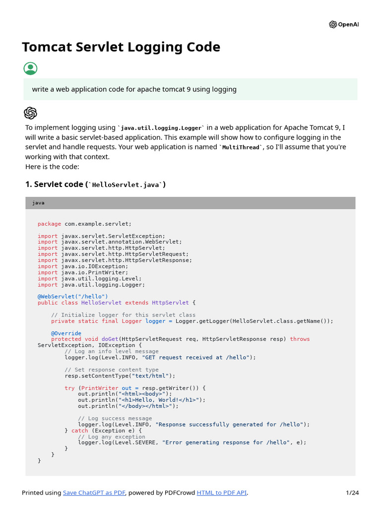 Tomcat Servlet Logging Code | PDF
