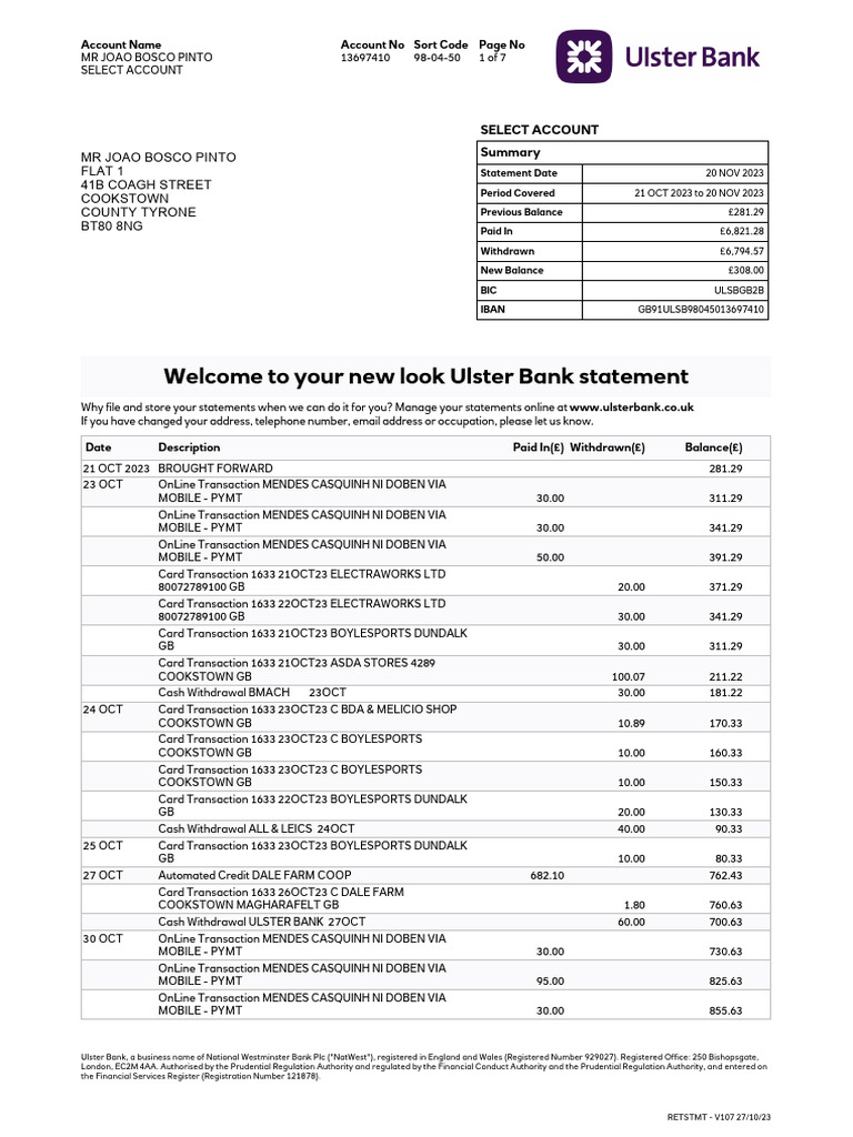 Statement 980450 13697410 20 Nov 2023 | PDF | Overdraft | Banking