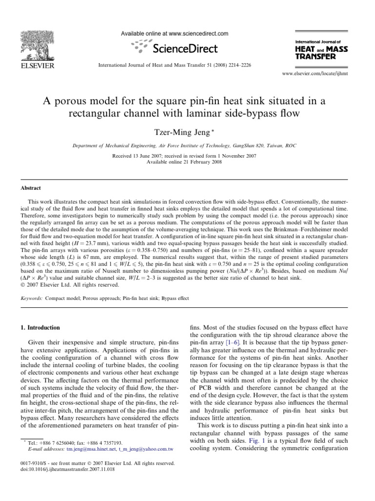 A Porous Model For The Square Pin-Fin Heat Sink Situated in A | PDF