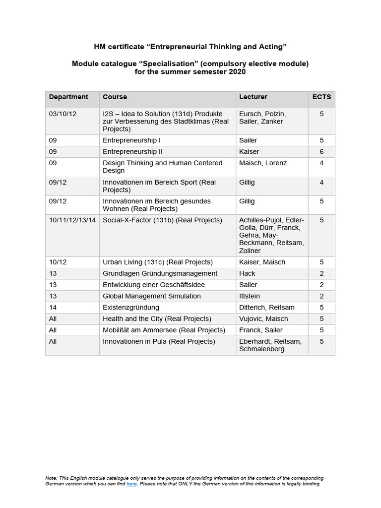 Module Catalogue Specialisation Summer 2020 | PDF