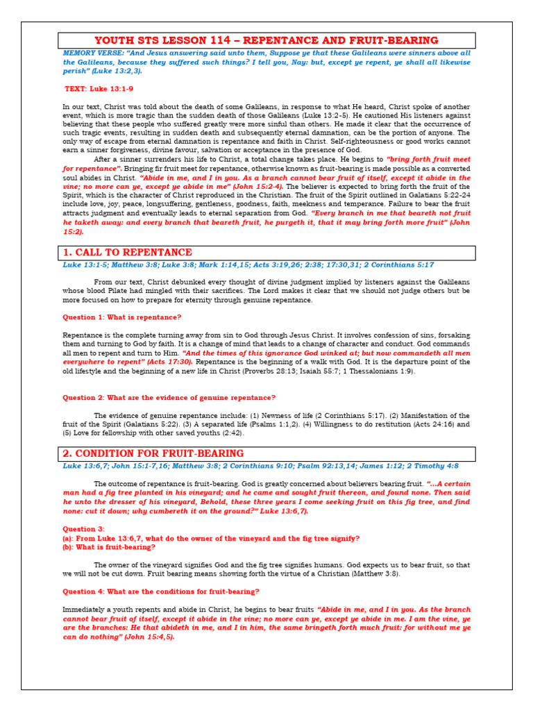 Youth Sts Lesson 114 – Repentance and Fruit-bearing | PDF