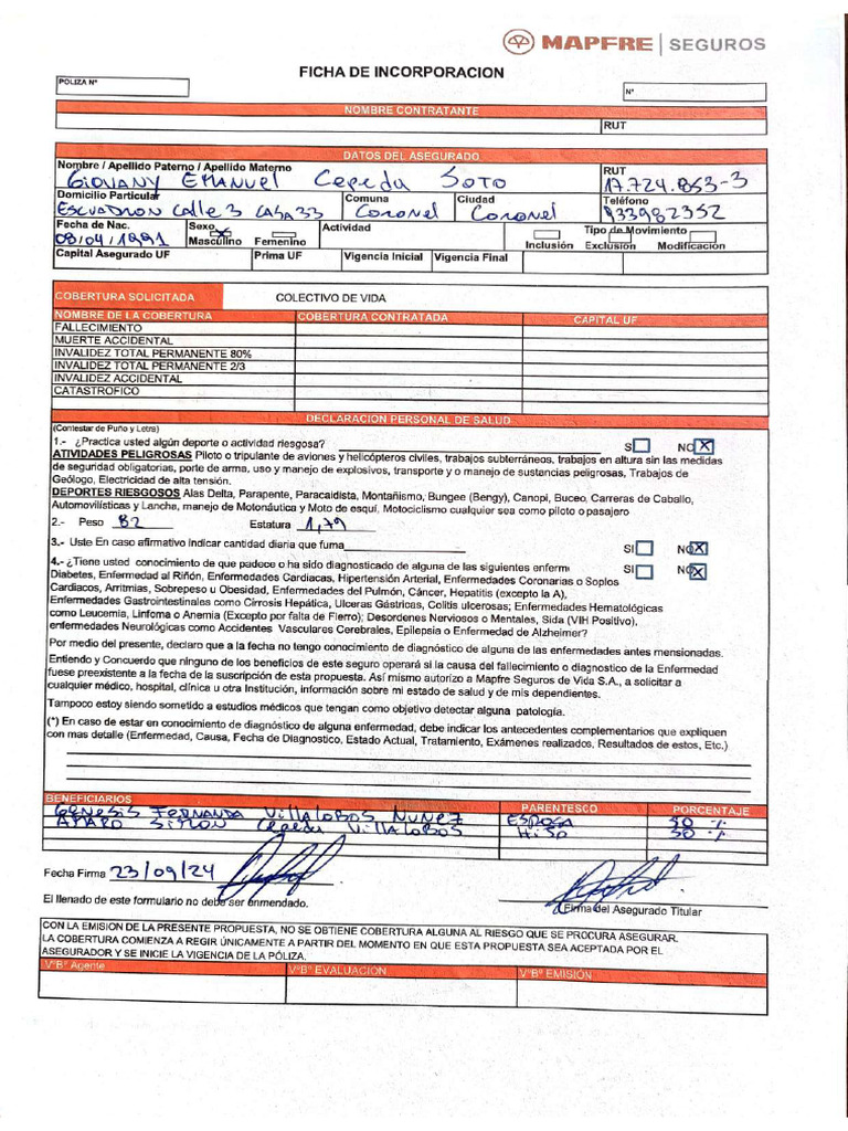 Ficha de Incorporación Seguro | PDF