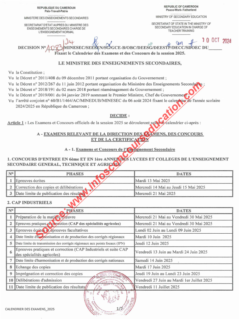 Calendriers Examens Minesec 2025 | PDF